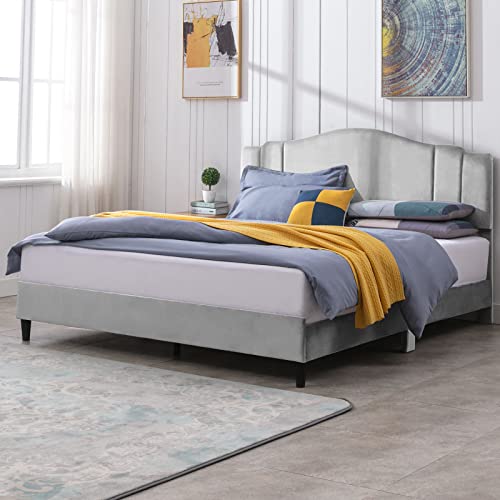 CECER Adjustable Headboard California-King Size Platform Bed Frame | Upholstered Bedframe with Headboard Covered in Dutch Velvet | Solid Wood Slat Support | Easy Assemble-Light Grey