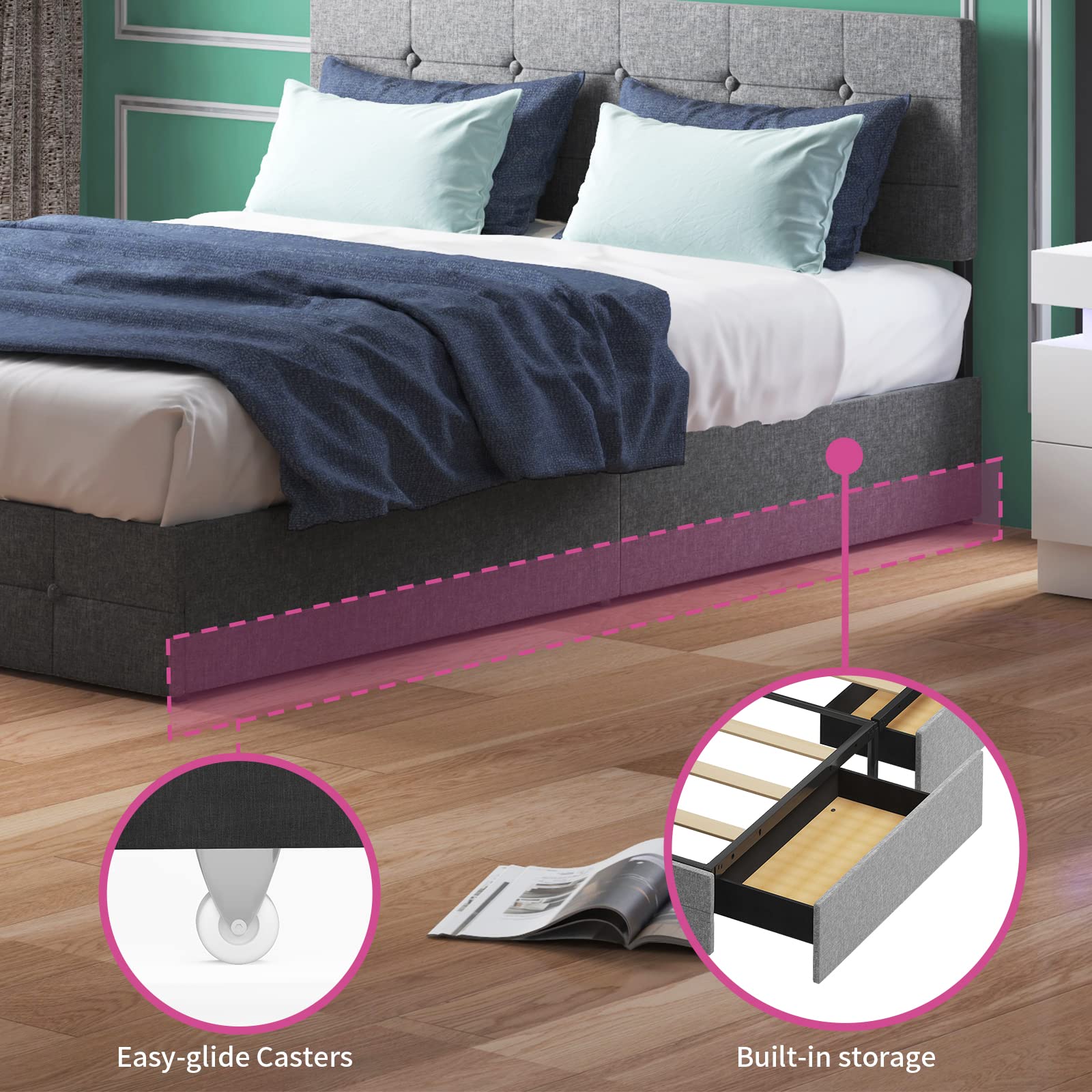Mixoy Upholstered Platform Bed Frame with 4 Storage Drawers,Cal King Bed Frame with Square Button Tufted Adjustable Headboard, Wood Slat Support,No Box Spring Needed,No Mattress (Cal King,Dark Grey)