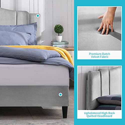 CECER Adjustable Headboard California-King Size Platform Bed Frame | Upholstered Bedframe with Headboard Covered in Dutch Velvet | Solid Wood Slat Support | Easy Assemble-Light Grey