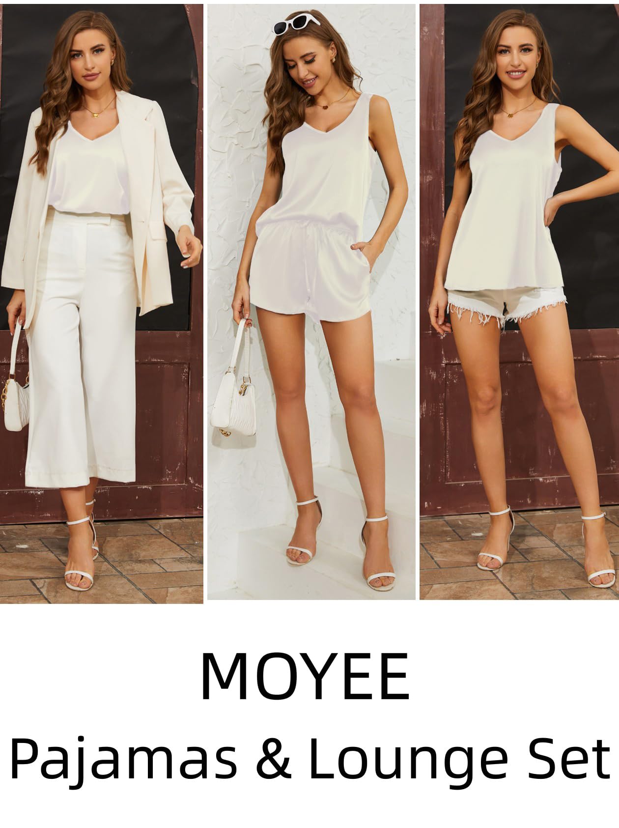 MOYEE Womens Silk Pajamas Set Satin Sleepwear Tank Tops and Loungewear Shorts Two Piece Pj Sets with Pockets(White, Large)