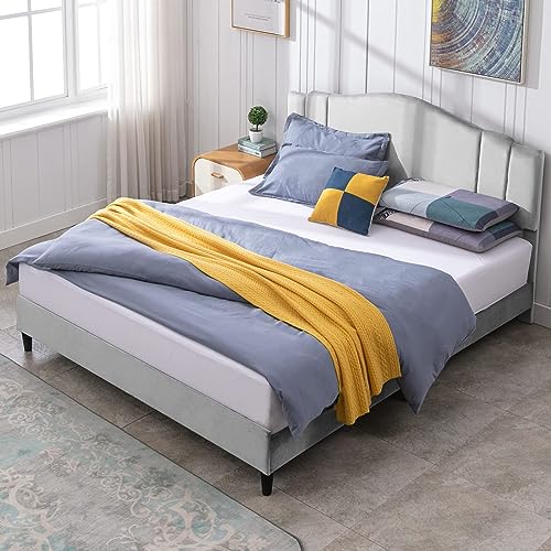 CECER Adjustable Headboard California-King Size Platform Bed Frame | Upholstered Bedframe with Headboard Covered in Dutch Velvet | Solid Wood Slat Support | Easy Assemble-Light Grey