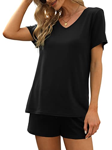 Aloodor Pajama Matching Sets for Women 2 Piece Short Sleeve V Neck Pjs Lounge Sets Sleepwear Soft Fall Outfits Black M