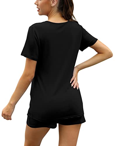 Aloodor Pajama Matching Sets for Women 2 Piece Short Sleeve V Neck Pjs Lounge Sets Sleepwear Soft Fall Outfits Black M