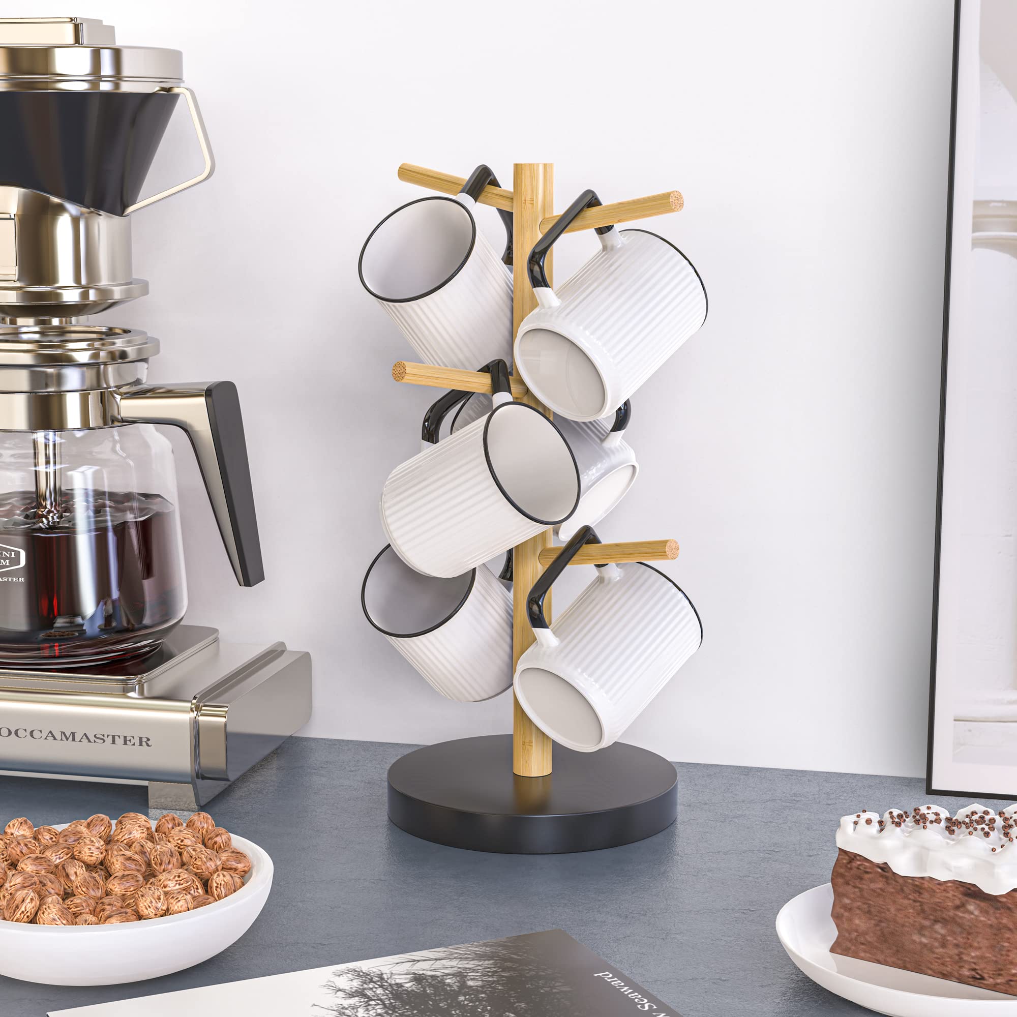 Wisuce Bamboo Mug Holder Tree, Thicker Base Coffee Cup Holder Stand for Counter, Mug Rack with 6 Hooks
