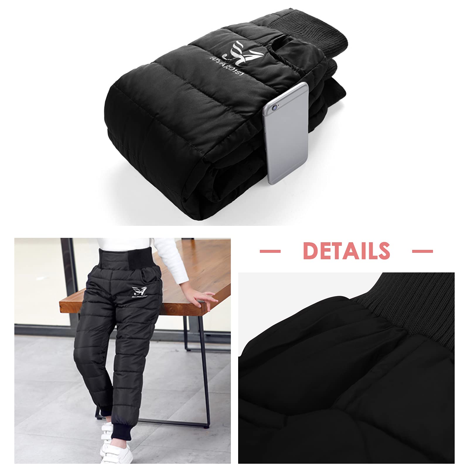 Infant Toddler Windproof Pants Winter Snow Trousers Lightweight Down School Bottoms Elastic Warm Puffer Activewear Thick Cotton Winter Clothes Fleece Lined Pockets Sweatpants for Baby Kids 2-3 Years