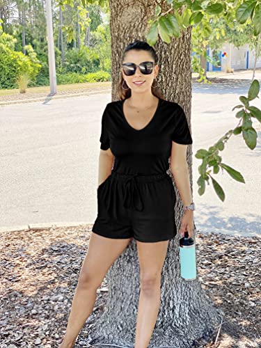 Aloodor Pajama Matching Sets for Women 2 Piece Short Sleeve V Neck Pjs Lounge Sets Sleepwear Soft Fall Outfits Black M