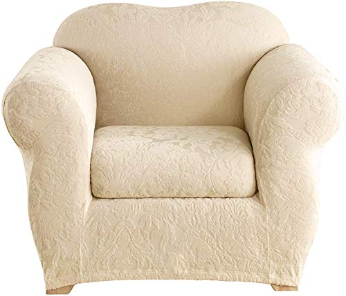 Surefit Stretch Jacquard Damask Box Cushion Chair Two Piece Slipcover, Form Fit, Polyester/Spandex, Machine Washable, Oyster