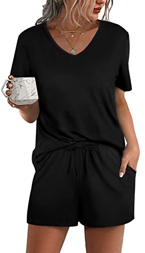 Aloodor Pajama Matching Sets for Women 2 Piece Short Sleeve V Neck Pjs Lounge Sets Sleepwear Soft Fall Outfits Black M