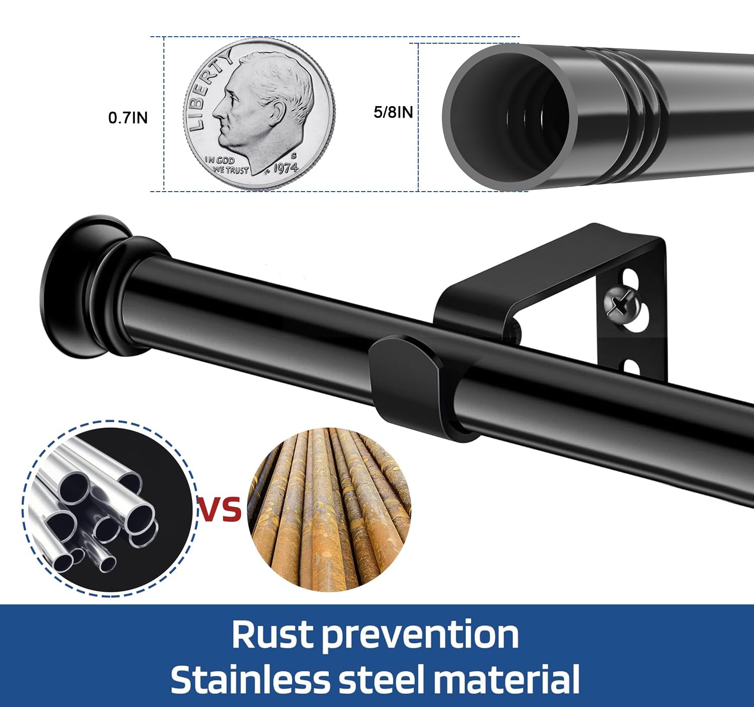 Standard Decorative Window Curtain Rods 30 to 45 Inch,5/8 Inch Diameter Small Curtain Rod Set, Heavy Duty Drapery Rods with Brackets-Black