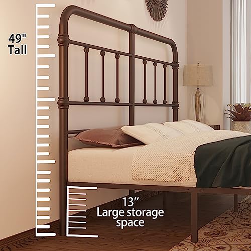 Geltanny California-King-Bed-Frame-Vintage-Farmhouse 49 inch Tall-headboard-Iron - Platform Mattress Foundation,No Box Spring Needed (Dark Bronze)