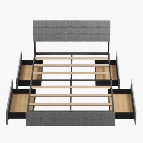 ZAFLY Platform California King Size Bed Frames with Square Button Tufted Headboard,Cal King Bed Frame with 4 Storage Drawers,Wooden Slats Support,No Box Spring Needed,Easy Assembly,Dark Grey