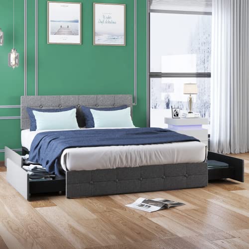 ZAFLY Platform California King Size Bed Frames with Square Button Tufted Headboard,Cal King Bed Frame with 4 Storage Drawers,Wooden Slats Support,No Box Spring Needed,Easy Assembly,Dark Grey