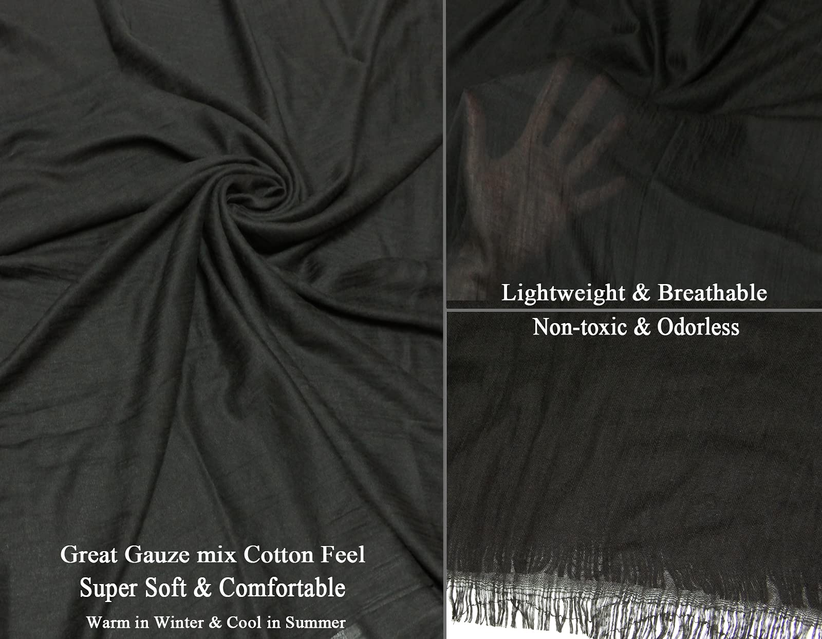 Gragengs Women Summer Scarfs Cotton Lightweight Large Long Gauze Shawl Beach Wrap Plain 75”×43” (Black)