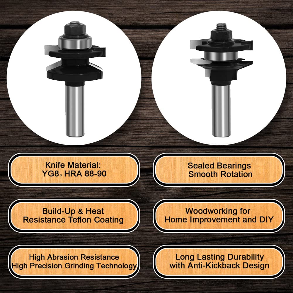 LEATBUY Router Bit Set 3 PCS 1/2 Inch Shank Round Raised Panel Cabinet Door Rail and Stile Router Bits, Woodworking Wood Cutter, Wood Carbide Groove Tongue Milling Tool(1/2-Double)