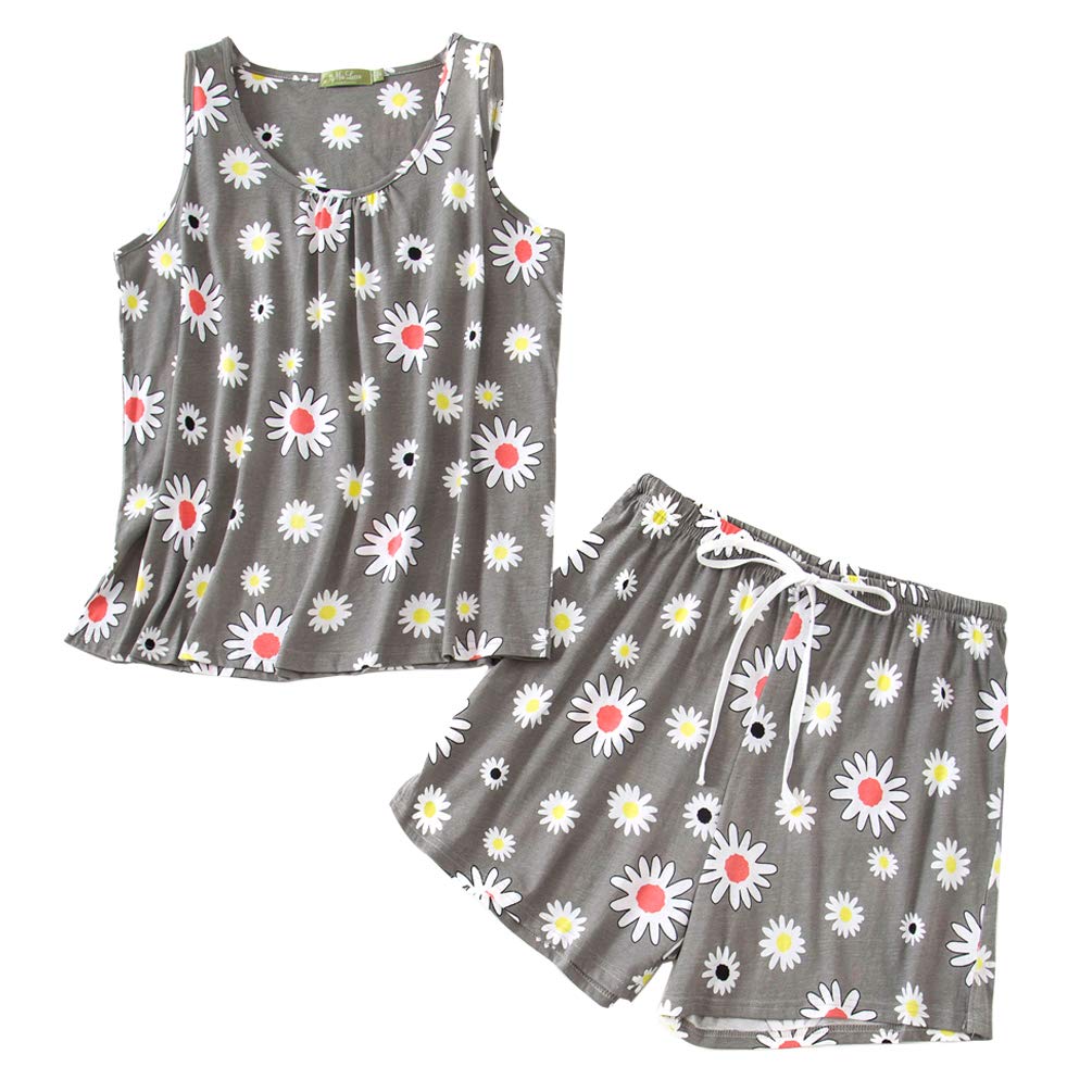 ENJOYNIGHT Womens Pajamas Set Cute Sleeveless Print Tank and Shorts Pj Set Summer Sleepwear (Large, Daisy)