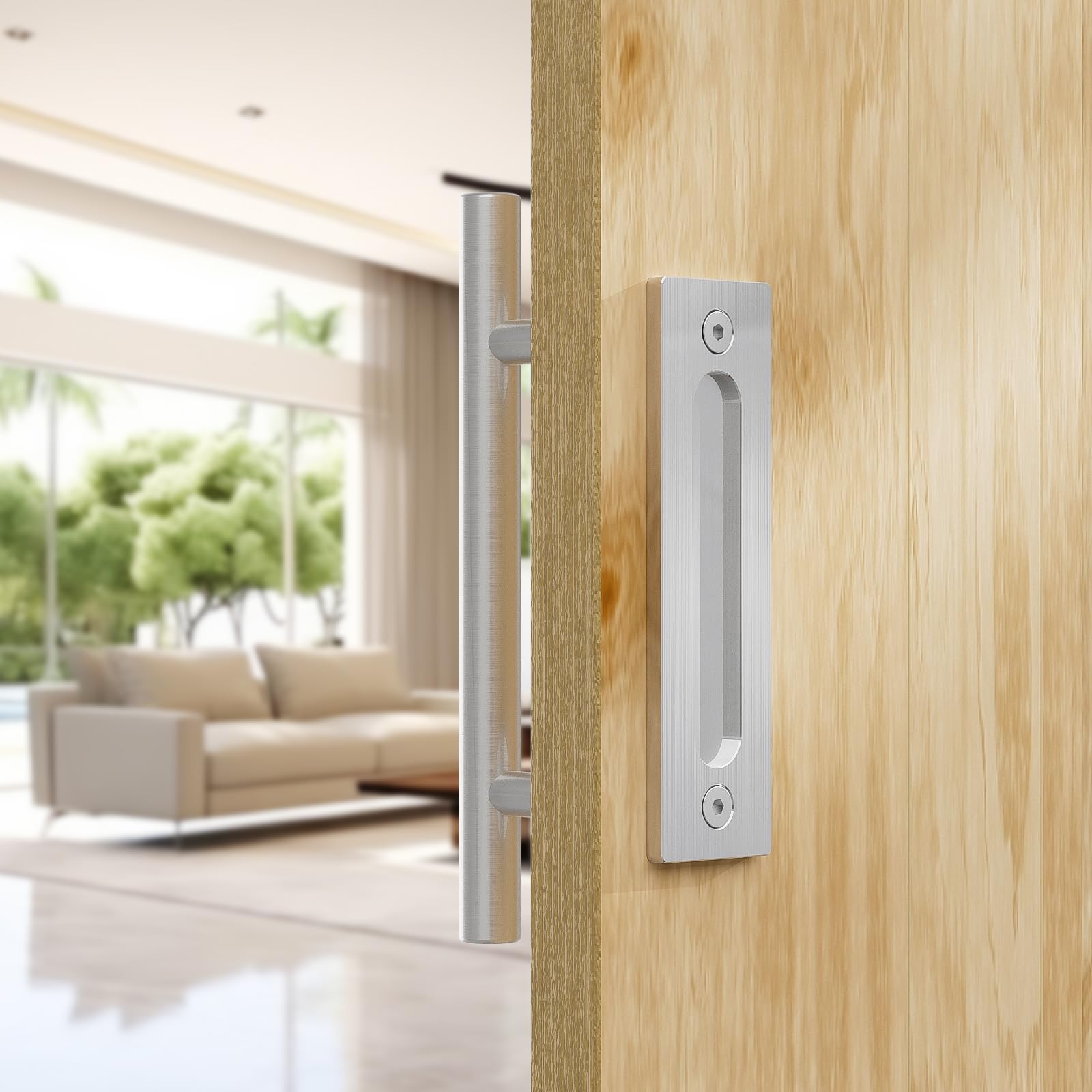 CCJH 9.5" Stainless Steel Sliding Barn Door Handles Pull Flush Hardware Set,Double Side for Gates Garages Sheds Furniture