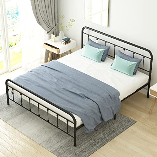 TABU Cal King Platform Bed Frame with Headboard & Footboard, Heavy Duty Metal Bed Frame with Strong Slat Support, Vintage Style Mattress Foundation, No Box Spring Needed (Cal King/Black)