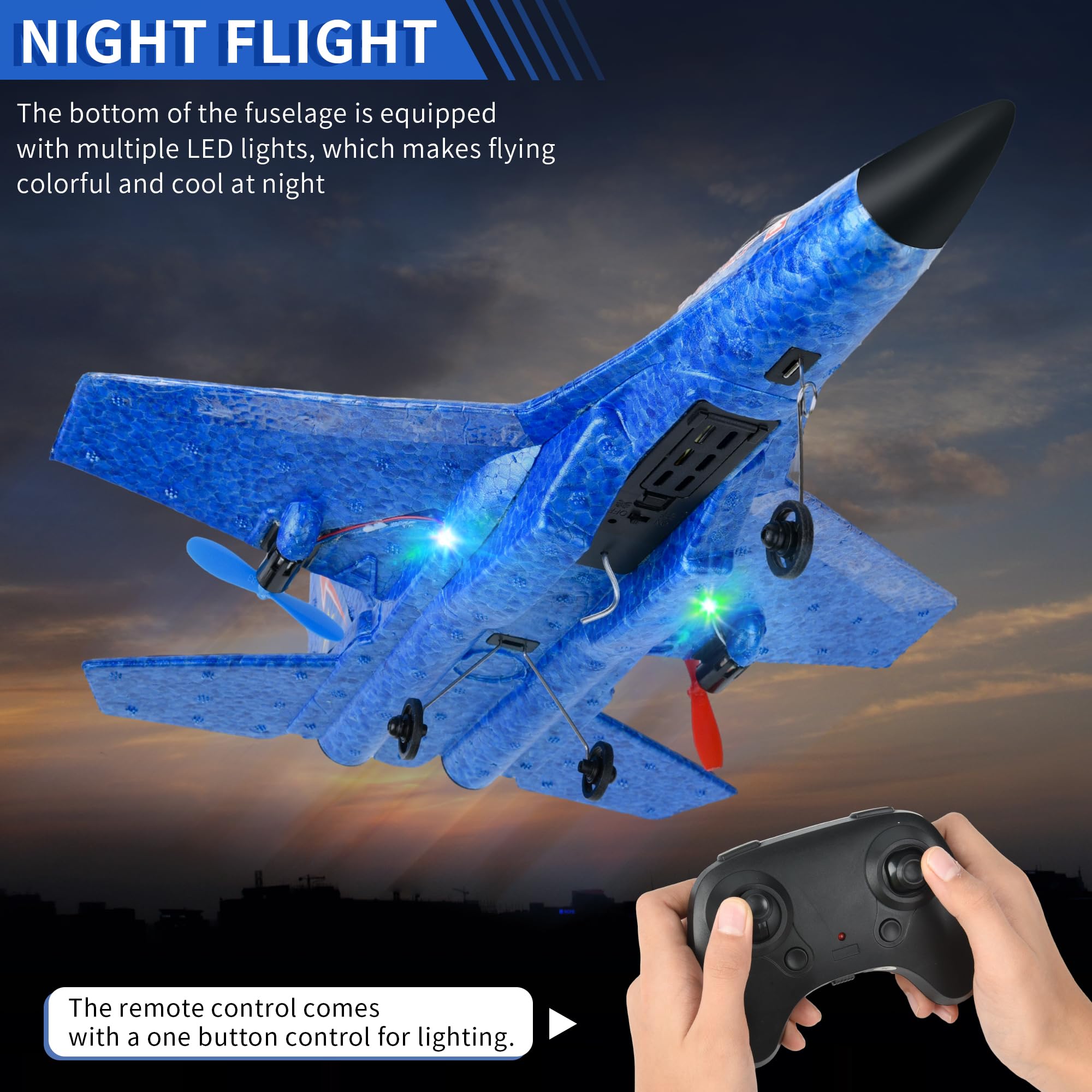 YIDJOFJ RC Gravity Gliders Airplane, Remote Control Plane Su-27 RC Airplane-2.4Ghz 6-axis Gyro RC Airplane with Light Strip, 2 Batteries Easy to Fly Jet Fighter Toy Gift for Kids Beginner (Blue)