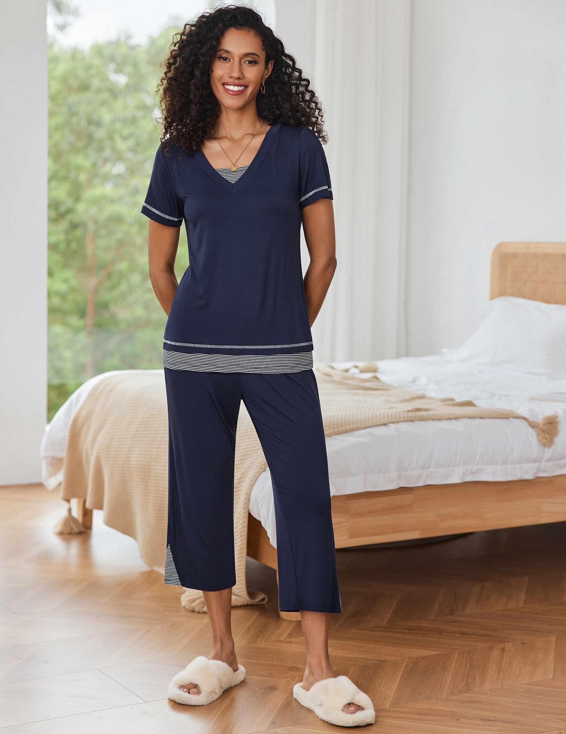 Ekouaer Capri Pajama Sets for Women Capri Pants with Short Tops Sleepwear Ladies Sleep Sets Short Sleeve Pjs Sets Soft Two Piece Loungewear Sets Navy Blue