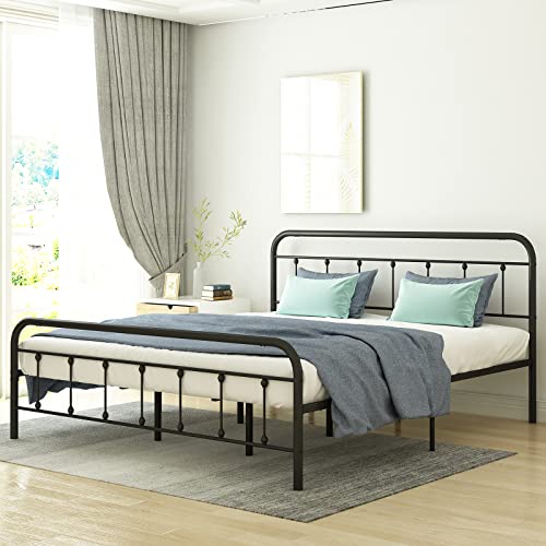 TABU Cal King Platform Bed Frame with Headboard & Footboard, Heavy Duty Metal Bed Frame with Strong Slat Support, Vintage Style Mattress Foundation, No Box Spring Needed (Cal King/Black)