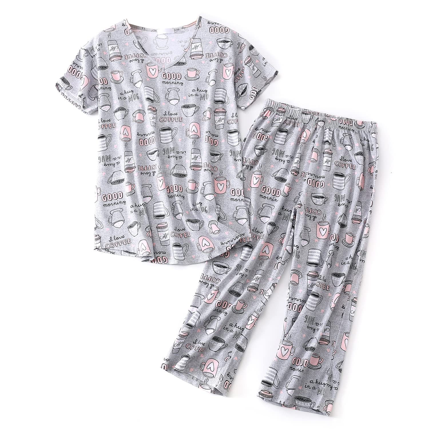 QUCH Womens Pajama Sets Plus Size Sleepwear Tops with Capri Pants Cotton Pajamas Set for Women Soft Comfy Cute Pj Sets Gray Cup 3XL