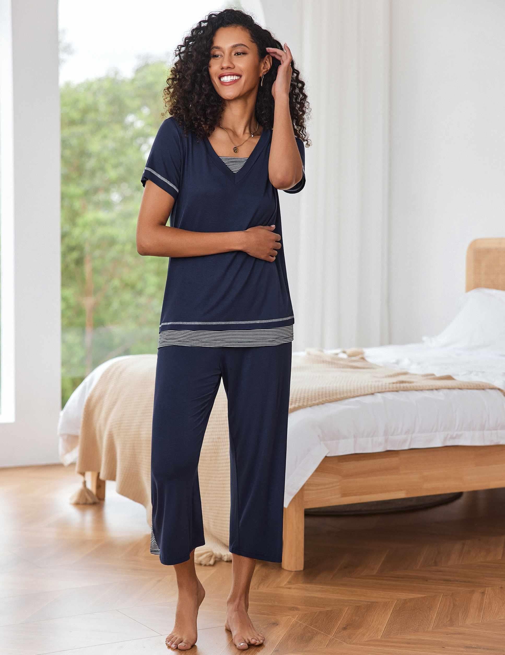Ekouaer Capri Pajama Sets for Women Capri Pants with Short Tops Sleepwear Ladies Sleep Sets Short Sleeve Pjs Sets Soft Two Piece Loungewear Sets Navy Blue