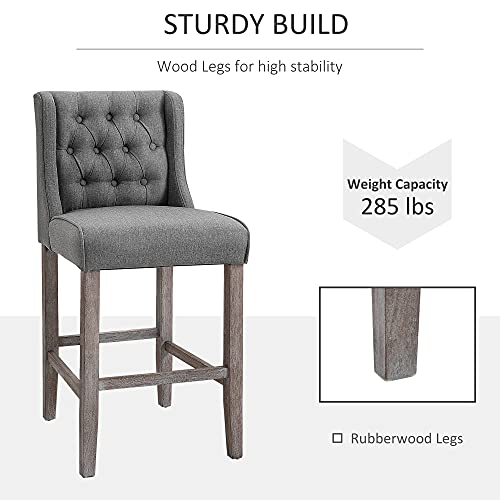 HOMCOM 26.25" Counter Height Bar Stools Set of 2, Tufted Wingback Armless Upholstered Dining Chair with Rubber Wood Legs, Grey