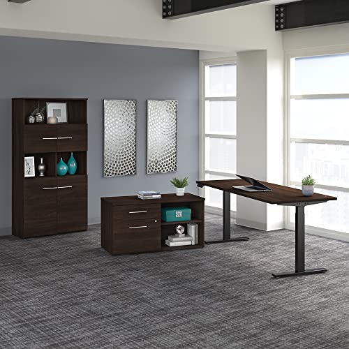 Bush Business Furniture Office 500 Height Adjustable Standing Desk with Storage and Bookcase, 72W, Black Walnut