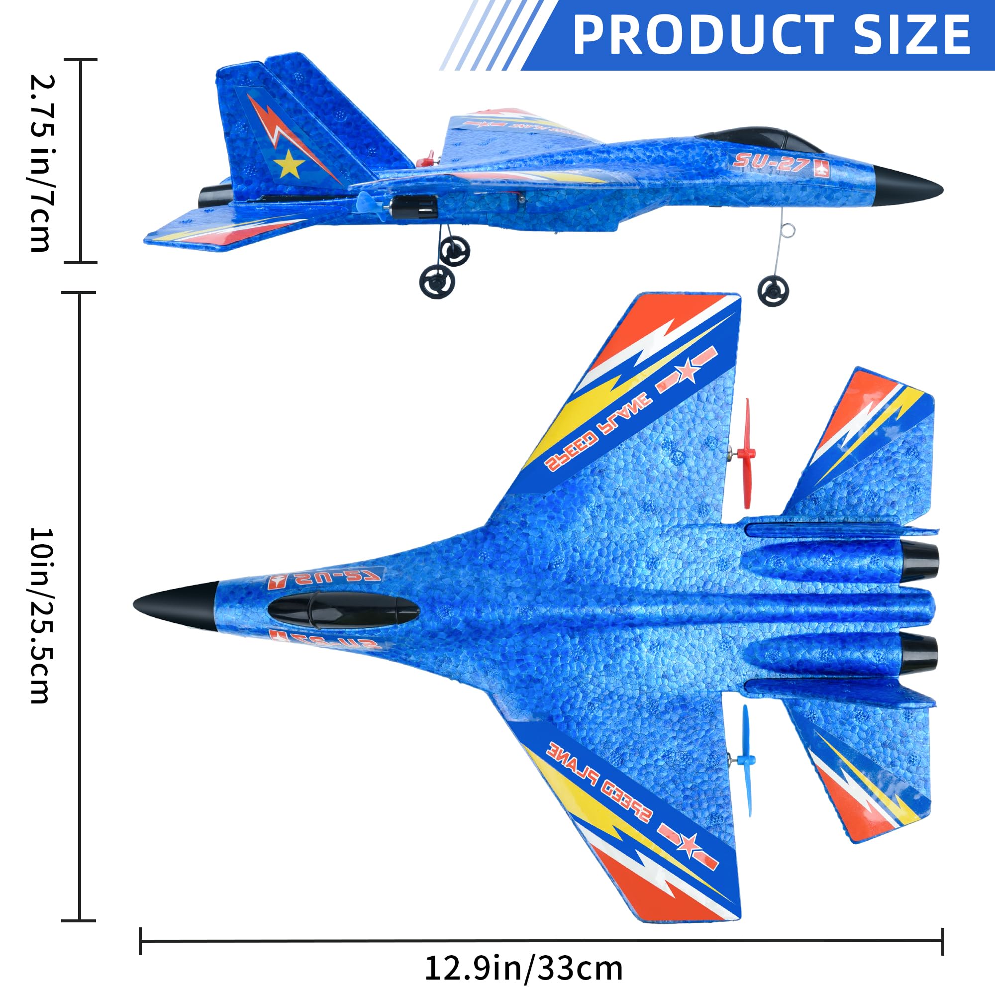 YIDJOFJ RC Gravity Gliders Airplane, Remote Control Plane Su-27 RC Airplane-2.4Ghz 6-axis Gyro RC Airplane with Light Strip, 2 Batteries Easy to Fly Jet Fighter Toy Gift for Kids Beginner (Blue)