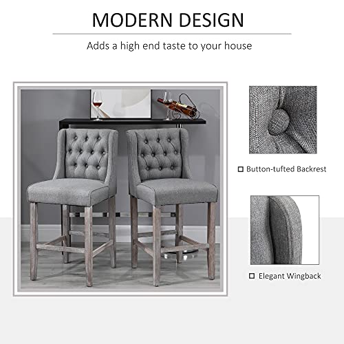 HOMCOM 26.25" Counter Height Bar Stools Set of 2, Tufted Wingback Armless Upholstered Dining Chair with Rubber Wood Legs, Grey