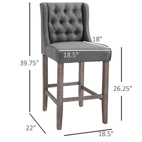 HOMCOM 26.25" Counter Height Bar Stools Set of 2, Tufted Wingback Armless Upholstered Dining Chair with Rubber Wood Legs, Grey
