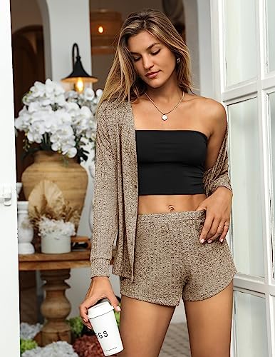 Ekouaer Lounge Sets for Women Leisure Suit Set Two-Piece Casual Loungewear Set Button Long Sleeve Knit Button Cardigan and Shorts Soft Home Pajamas Set Khaki Small