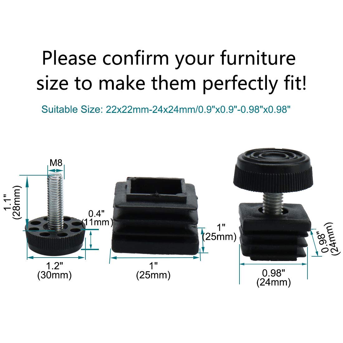 uxcell 10 Sets 30mm Base Dia Adjustable Leveling Foot 25mmx25mm Square Insert Kit
