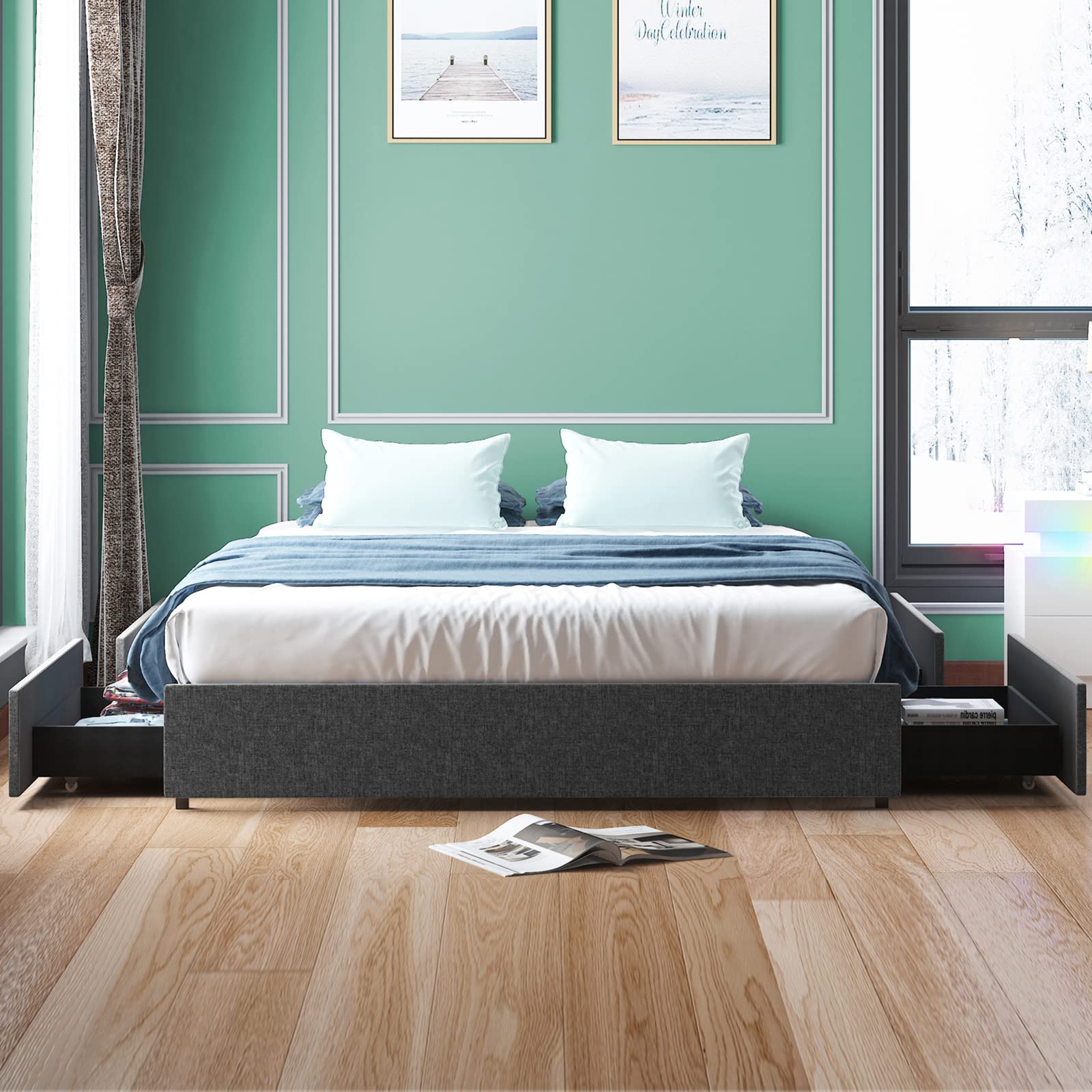 Mixoy Cal King Bed Frame with Four Storage Drawer,Platform Bed Frame with Linen headboardand and Footboard with Drawers, Wood Slats Support.No Box Spring Needed/Easy Assembly(Cal King,Dark Grey)