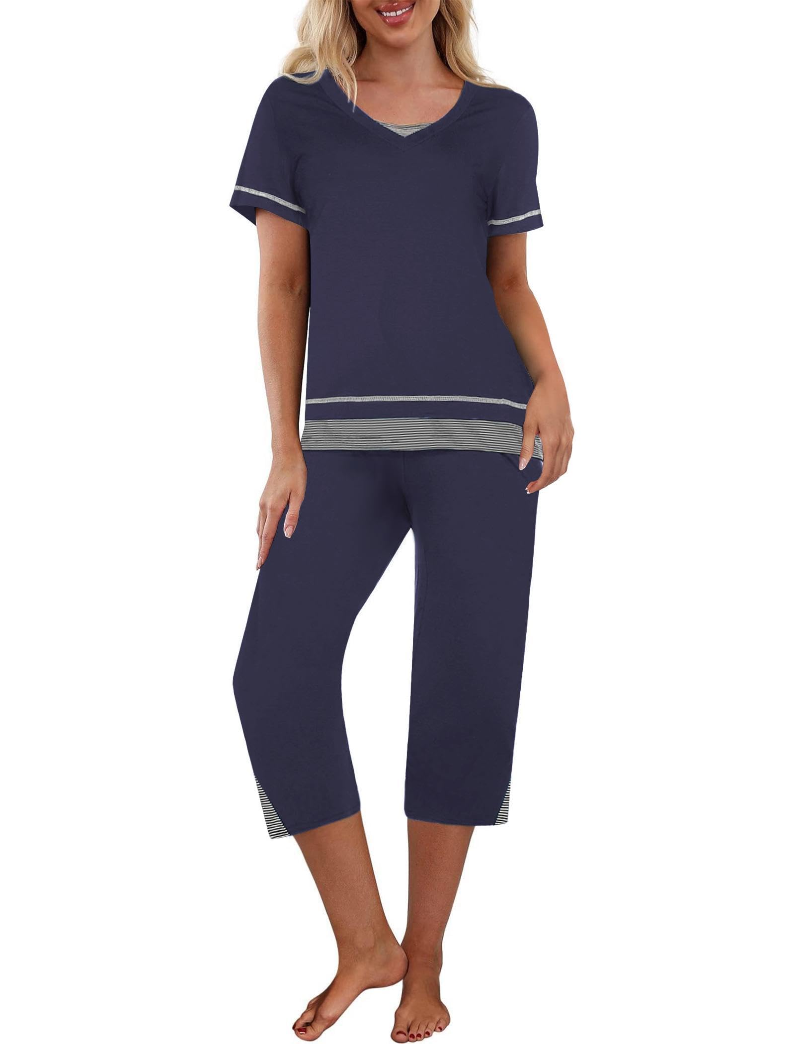 Ekouaer Capri Pajama Sets for Women Capri Pants with Short Tops Sleepwear Ladies Sleep Sets Short Sleeve Pjs Sets Soft Two Piece Loungewear Sets Navy Blue