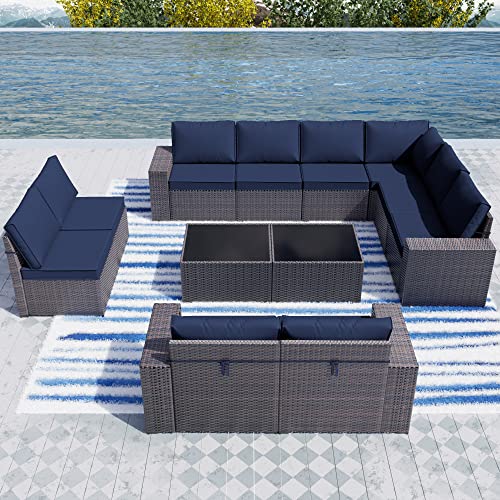 Kullavik Outdoor Patio Furniture Set 12 Pieces Sectional Rattan Sofa Set Brown PE Rattan Wicker Patio Conversation Set with 10 Navy Blue Seat Cushions and 2 Tempered Glass Table
