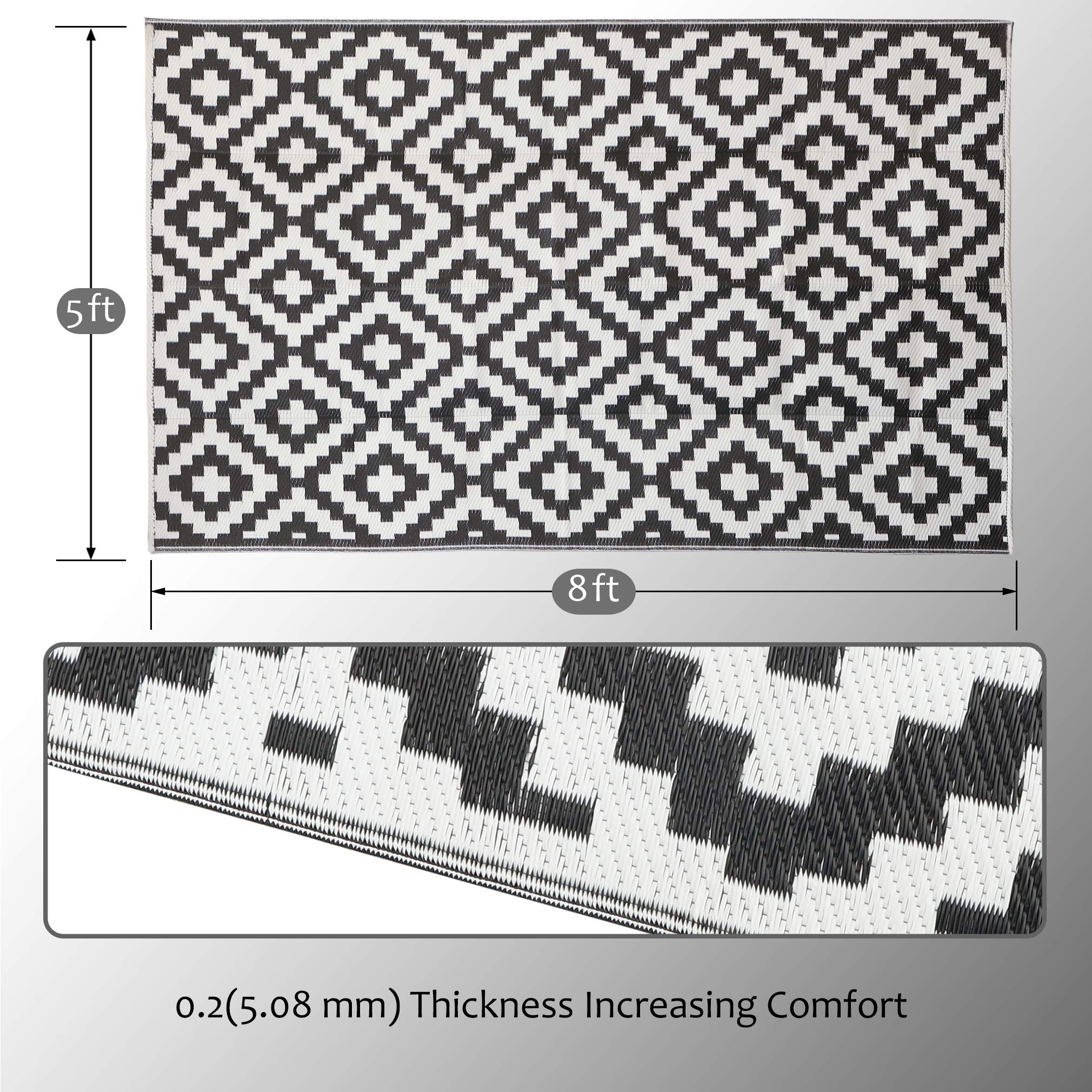 SAND MINE Waterproof Outdoor Rug 5x8 ft, Plastic Reversible Rug, Modern Area Rug, Large Floor Mat for Outdoors, RV, Patio, Backyard, Deck, Picnic, Beach, Camping (5' x 8', Black & White Lattice)
