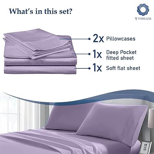 9Threads 400 Thread Count 100% Cotton Sateen Bed Sheets Deep Pocket, Cotton Bedsheets Crisp Cool and Strong Bed Linen (Light Purple, Full)