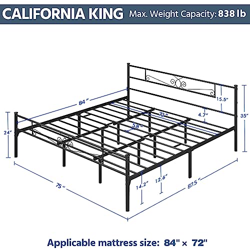 Yaheetech California King Bed Frames Metal Platform Bed with Headboard and Footboard for Bedrooms No Box Spring Needed Easy Assembly,Ground Clearance: 12.6"/Black/California King Bed