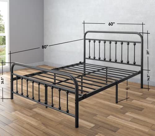 AMBEE21 Vintage Queen Metal Bed Frame with Headboard and Footboard Platform / Wrought Iron / Heavy Duty/ Solid Metal Slat / Textured Black / No Box Spring Needed/ Industrial & Farmhouse
