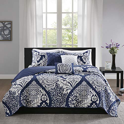 Madison Park Vienna Reversible Cotton Quilt-Luxury Stitching Design All Season, Breathable Coverlet Bedspread Bedding, Shams, Decorative Pillow, King/Cal King, Indigo 6 Piece