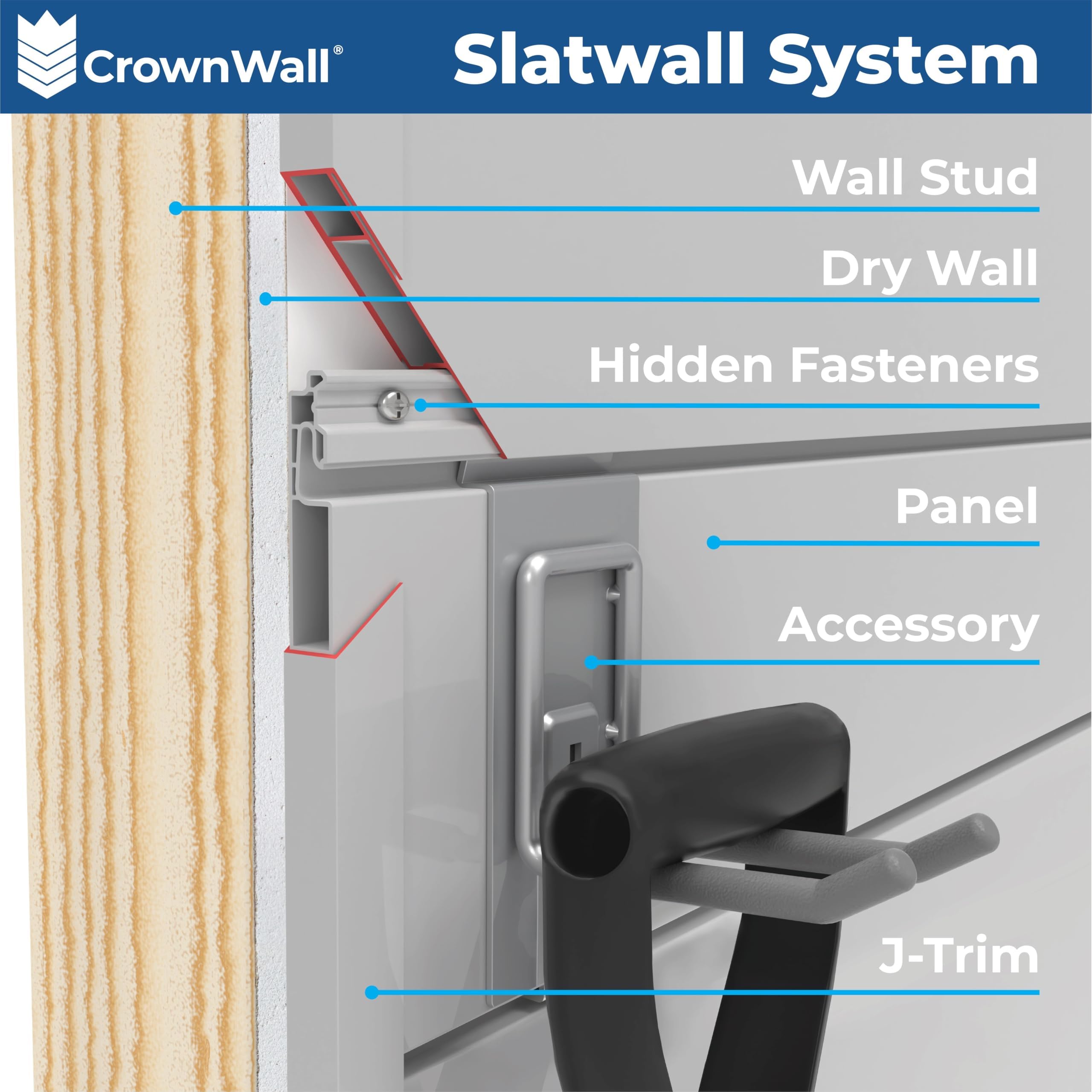 CrownWall PVC Slat Wall Panels Garage Wall and Home Organizer Storage System | Heavy Duty Organization and Easy Installation | 4ft by 4ft (16 sqft) Section, White