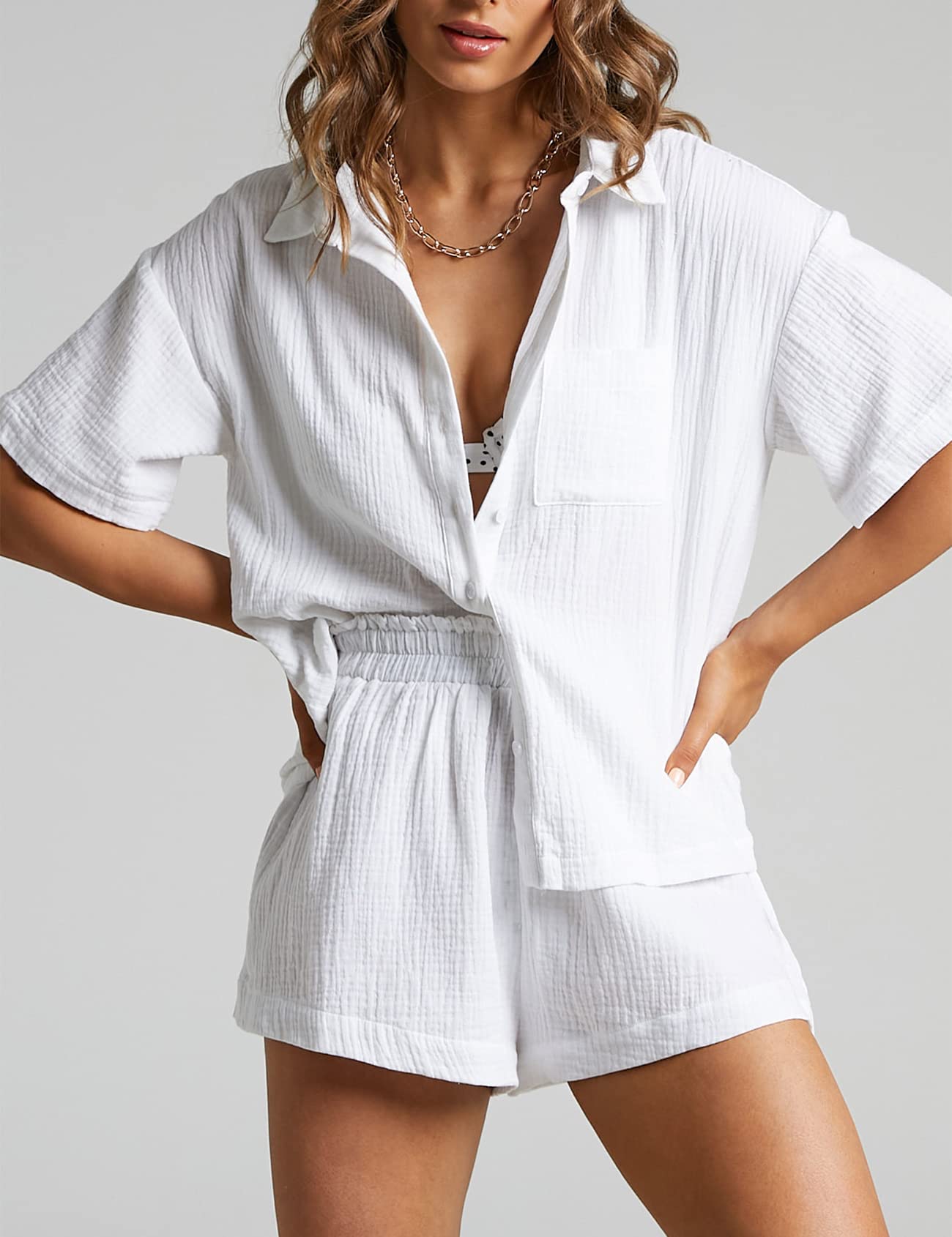 Flygo Womens Casual 2 Piece Outfits Cotton Linen Sets Button Down Shirt Shorts Resort Wear 2024 Pajama Beach Set(White-XS)
