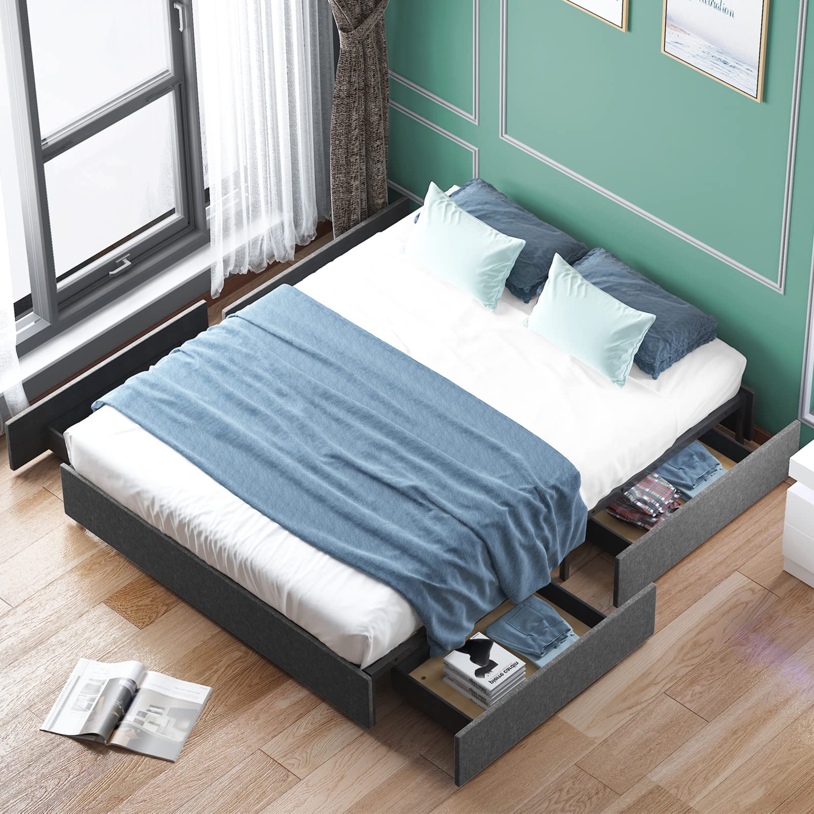 Mixoy Cal King Bed Frame with Four Storage Drawer,Platform Bed Frame with Linen headboardand and Footboard with Drawers, Wood Slats Support.No Box Spring Needed/Easy Assembly(Cal King,Dark Grey)