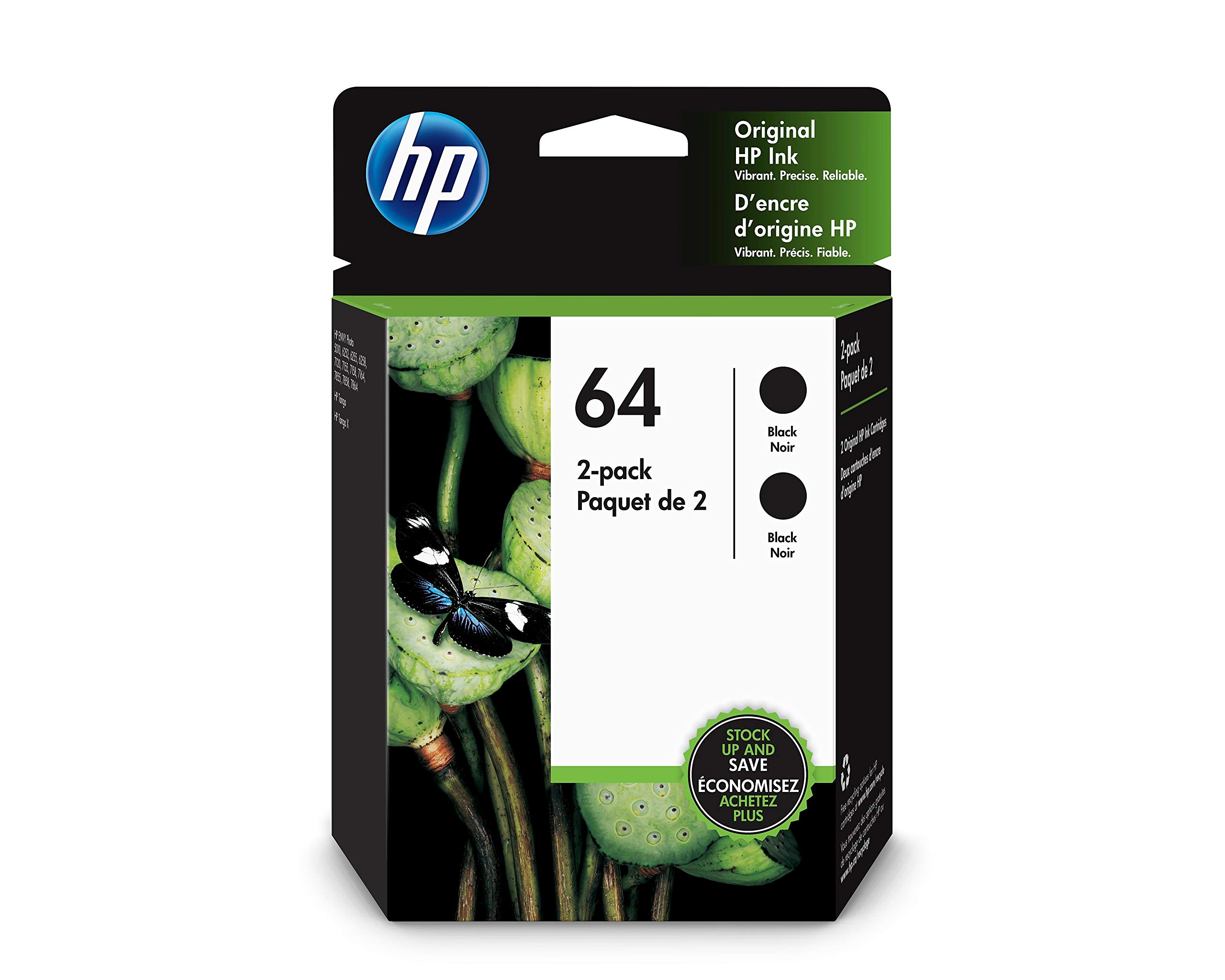 HP 64 | 2 Ink Cartridges | Black | Works with HP ENVY Photo 6200 Series, 7100 Series, 7800 Series, HP Tango and HP Tango X | 3YP22AN
