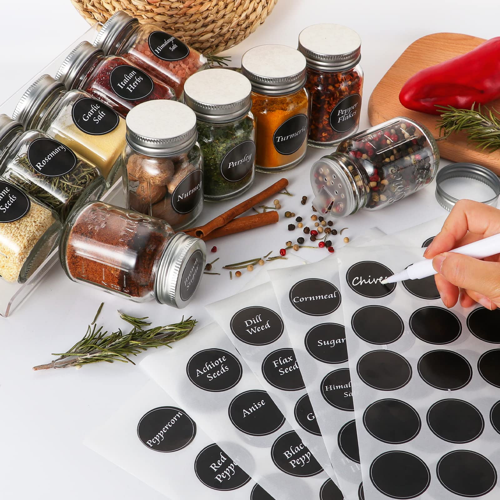 Spice Jars with Label 4oz 24Pcs, AuroTrends 4oz Glass Jars with Lids 24Pack Complete Set-Round Glass Spice Jars with Shaker Lids | Pre-printed Labels & Blank Labels | Chalk Marker | Straw Brush | Funnel