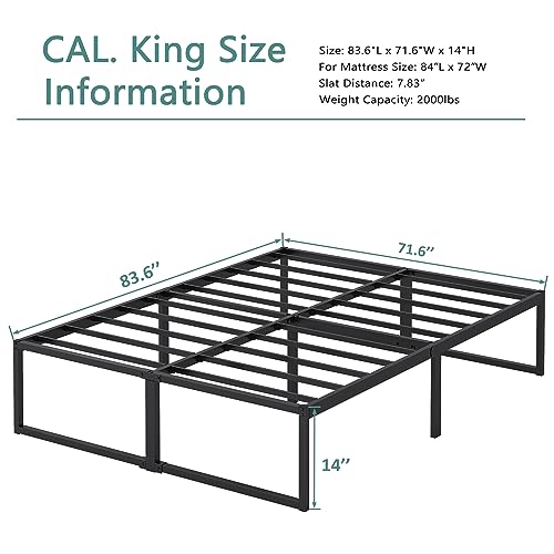 XINXINYAN 14 Inch California King Bed Frame, No Box Spring Needed, Heavy Duty Metal Platform Cal King Bed Frame, Strong Steel Slats Support, Noise Free, Easy Assembly, Black