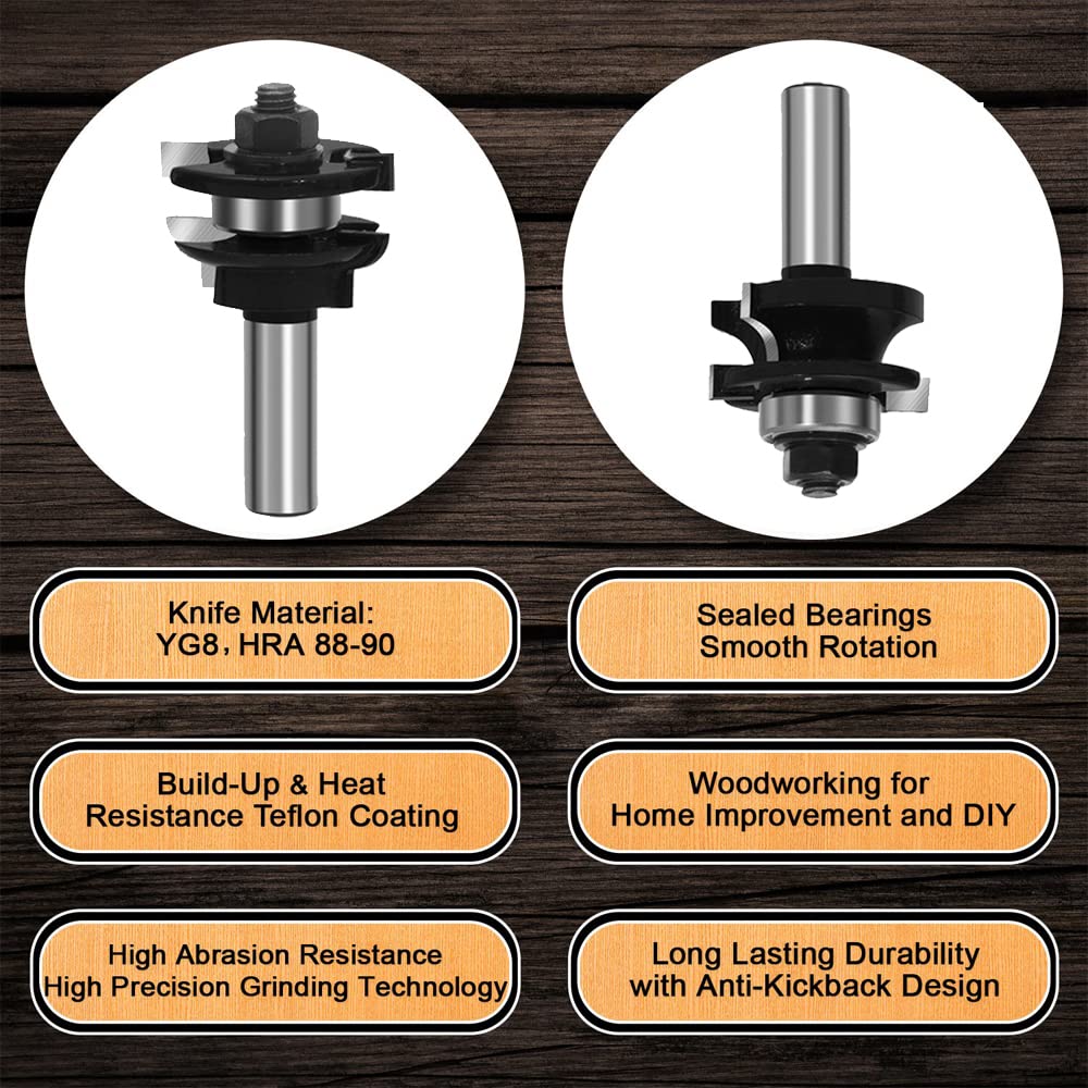 LEATBUY 1/2 Inch Shank Router Bit Set 3 PCS Round Over Raised Panel Cabinet Door Rail and Stile Router Bits, Woodworking Wood Cutter, Wood Groove Tongue Milling Tool(1/2-double)