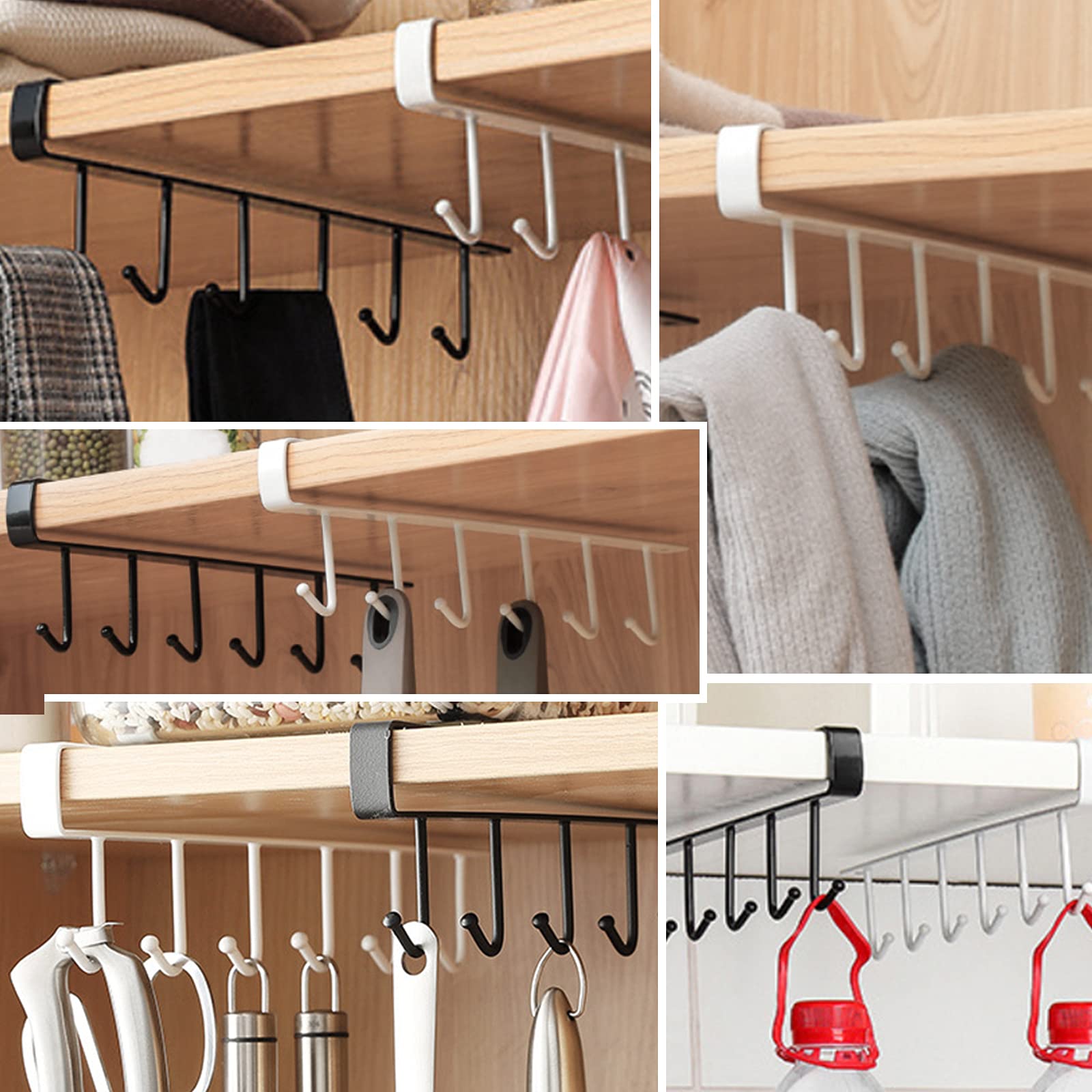 FANJURNEY 2PCS Mug Hooks Under Shelf Mug Holder Cups Storage Rack Drilling Free Coffee Cups Holder Kitchen Belts Scarf Hanging Hooks Rack, Fit for Flat Buttom Cabinet Without Any Lip