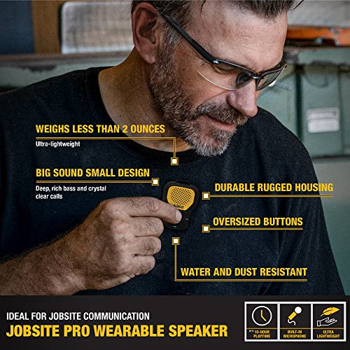 DEWALT Wearable Bluetooth Portable Speaker β Magnetic Clip-On Wireless Bluetooth Speaker β Jobsite Pro Water-Resistant Portable Speaker β Built-in Mic for Hands-Free Music and Calls